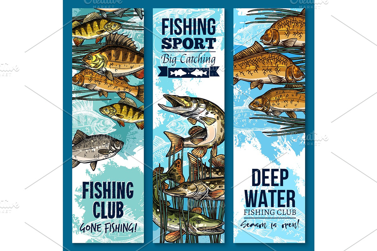 Fishing sport club banner set with swimming fish, a Background Graphic ...