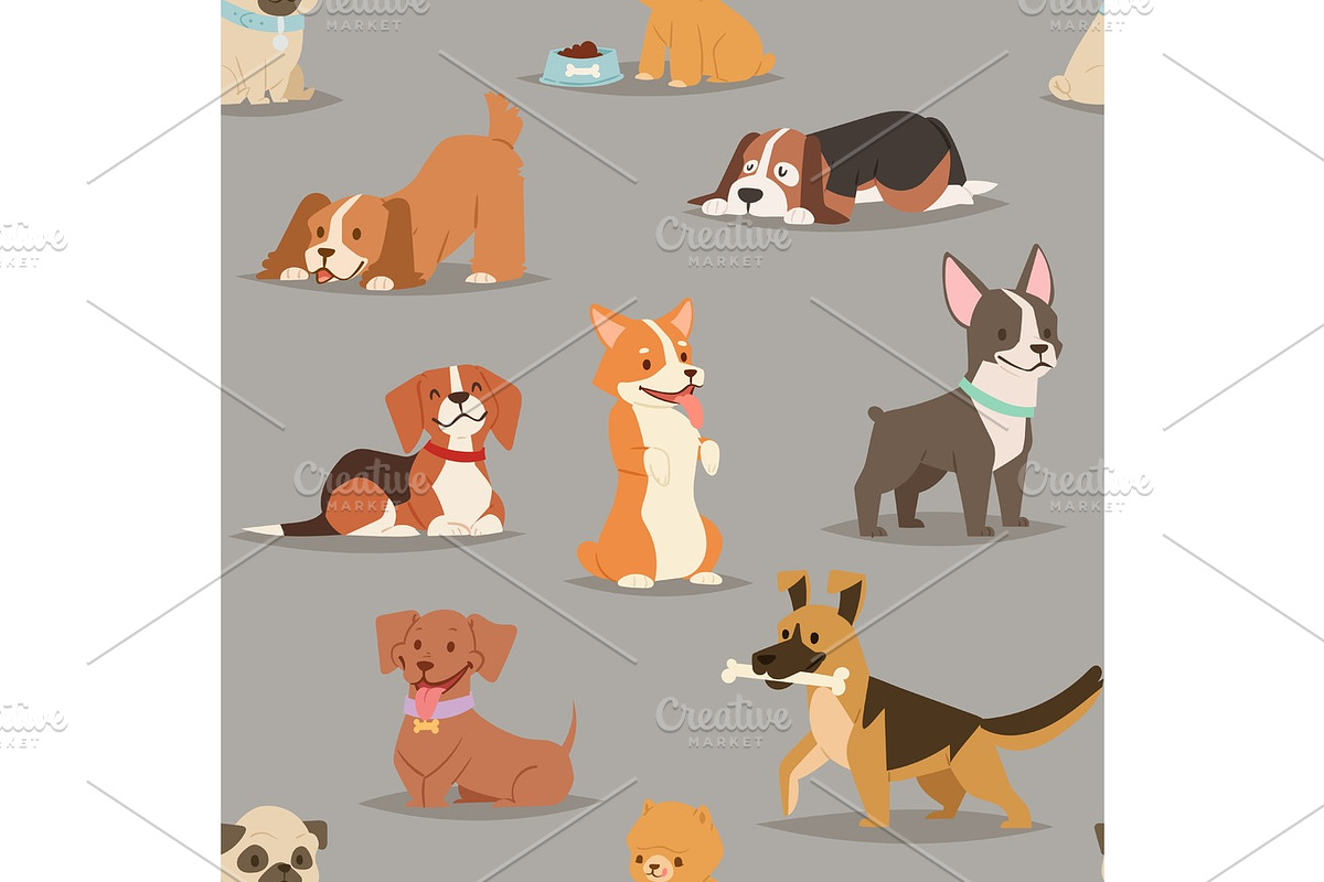 Different dogs breed cute puppy characters seamless pattern, an Animal ...