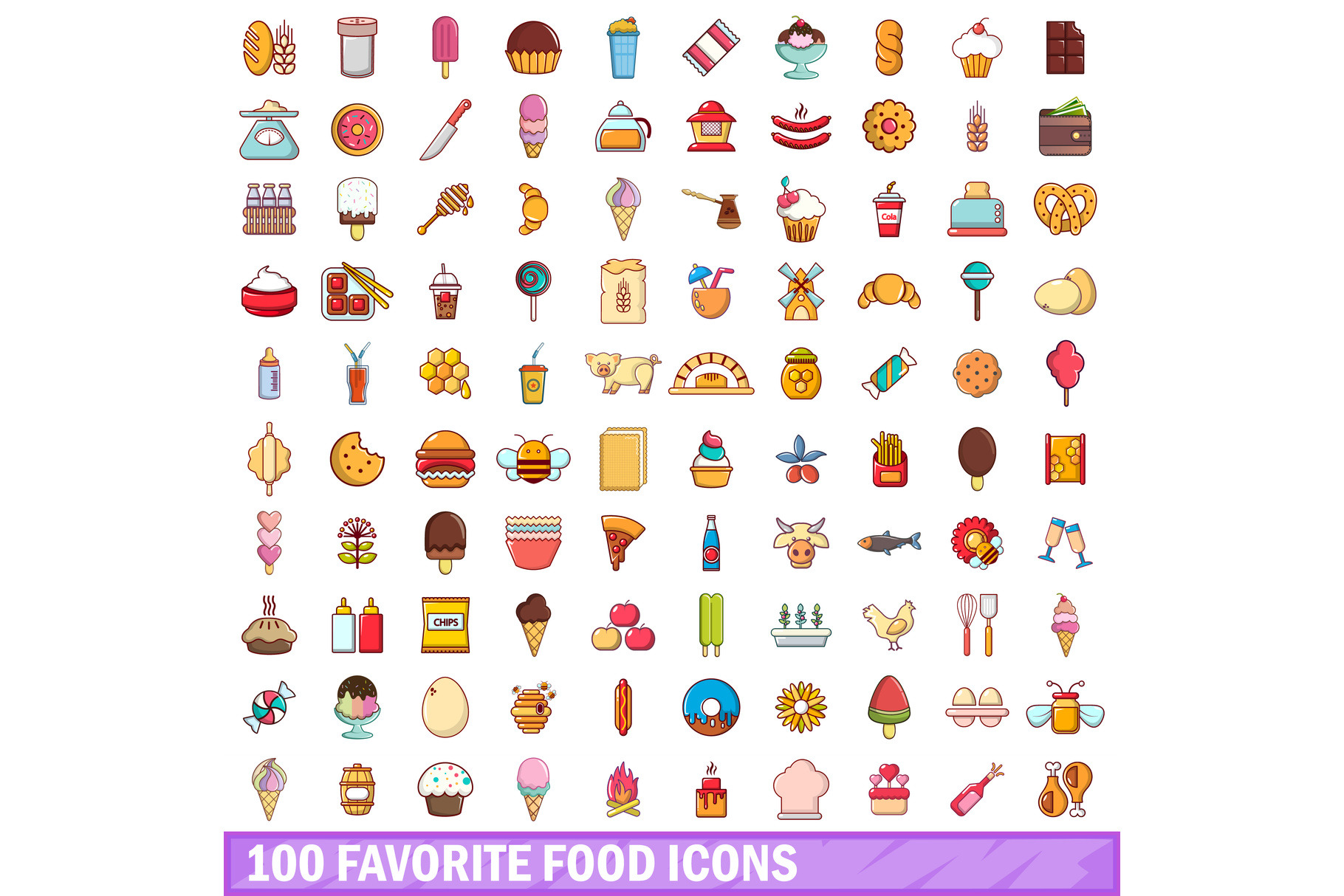 100 favorite food icons set, cartoon, a Food Illustration by Ylivdesign