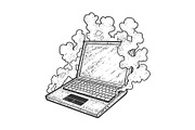 smoking broken laptop sketch vector, an Object Illustration by AlexArt