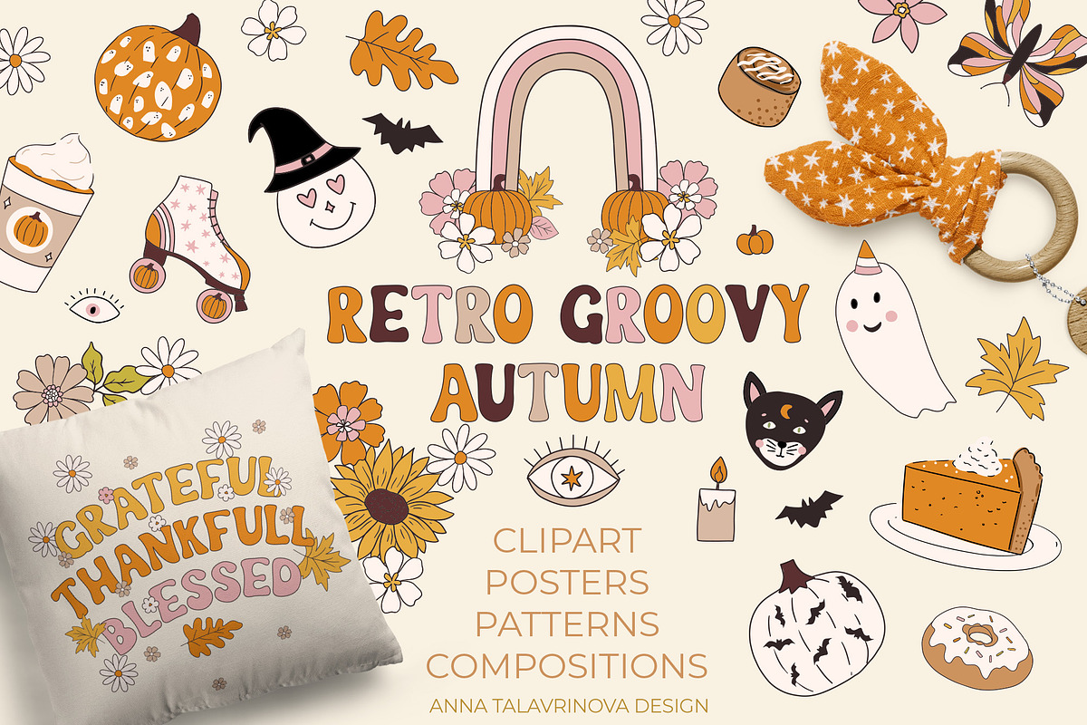 Retro Groovy Autumn Halloween, an Illustration by Cozy pattern shop