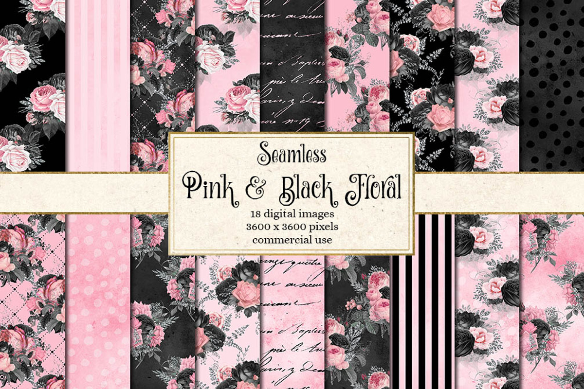 Pink and Black Floral Digital Paper, a Pattern Graphic by Digital Curio