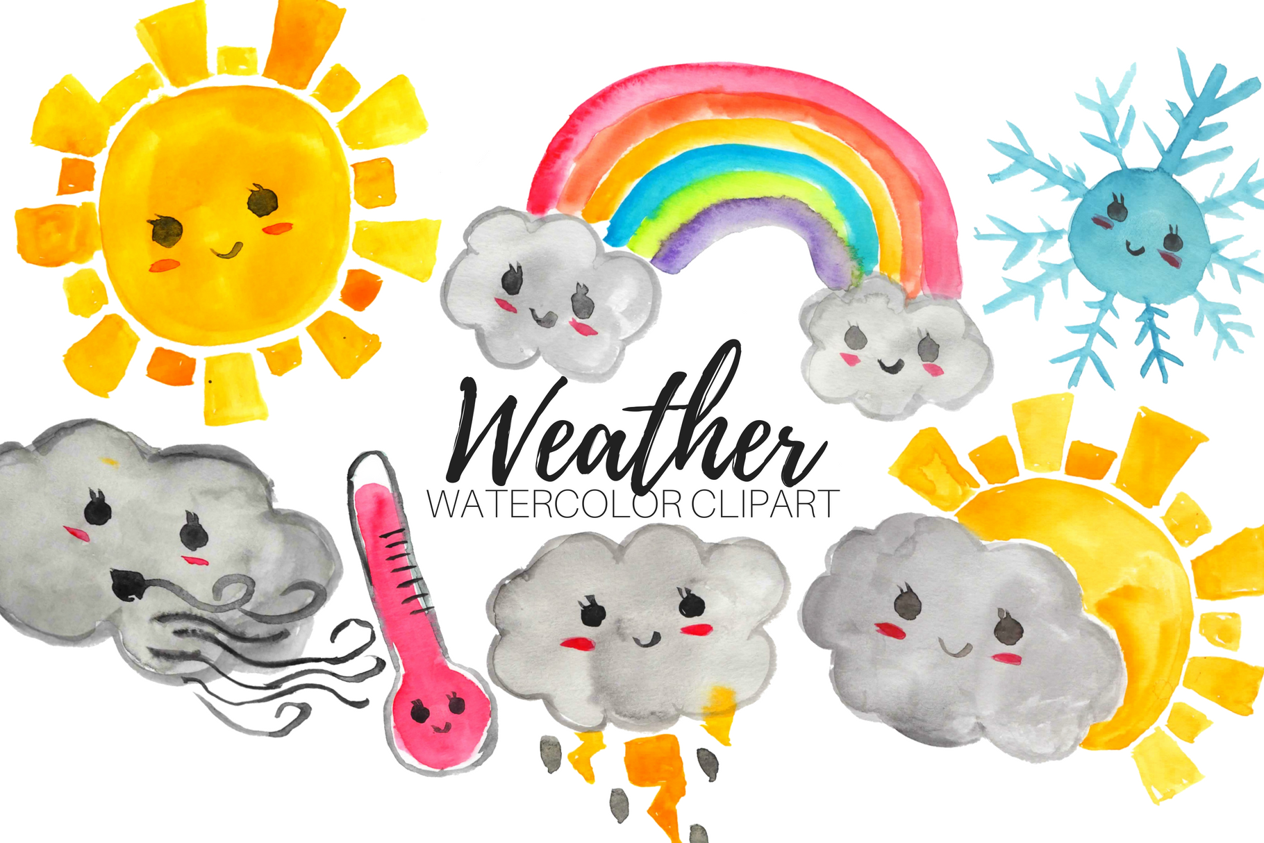Watercolor Kawaii Weather Clipart, an Illustration by Writelovely ...