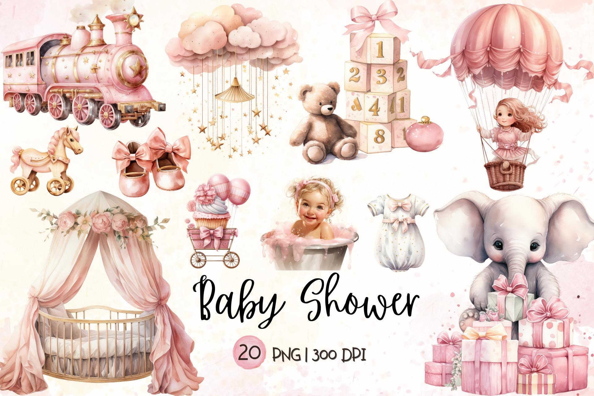 Pink Baby Shower Watercolor Clipart, a Decorative Illustration by Maysa Art