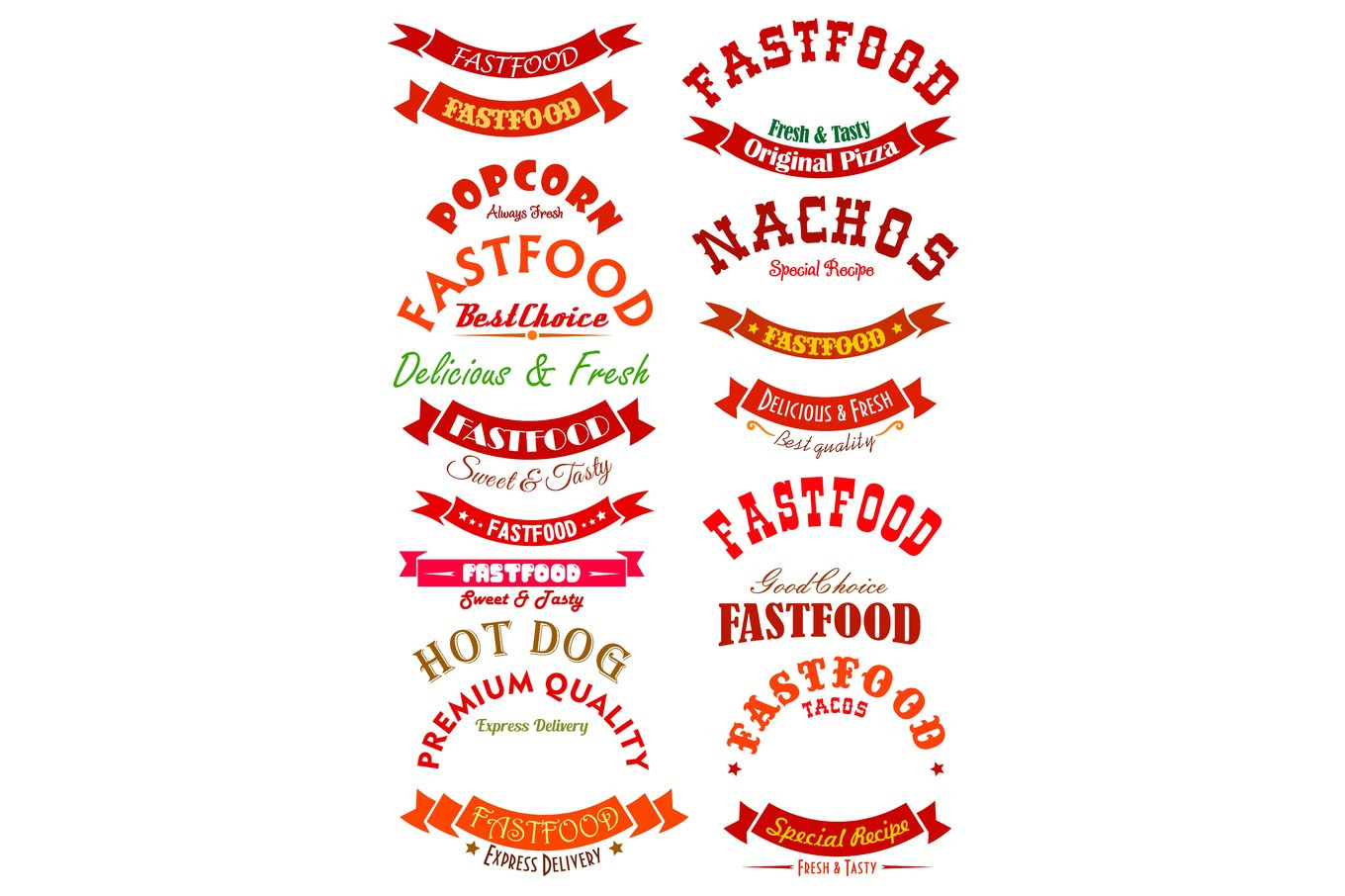 Fast food ribbon banner set for badge design, a Food Illustration by ...