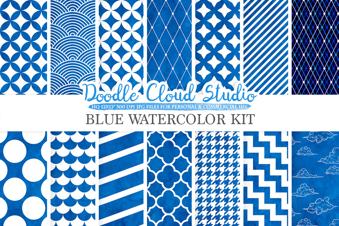 Blue Watercolor digital paper, a Pattern Graphic by Doodle Cloud Studio ...