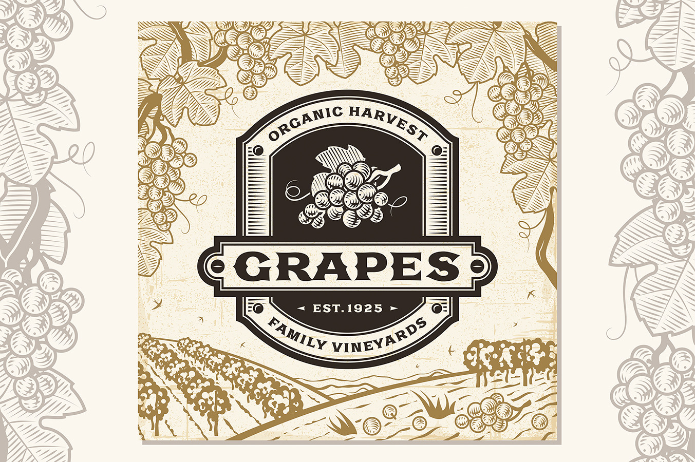 Retro Grapes Label On Landscape, a Food Illustration by Retro Graphics