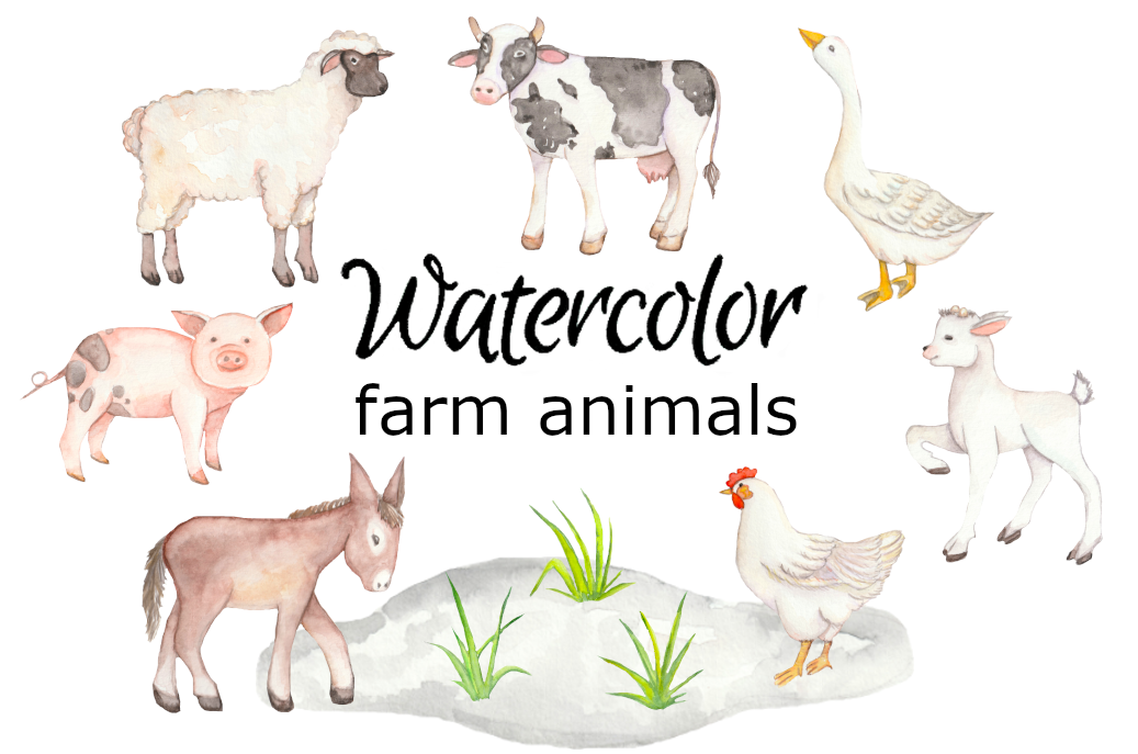 Farm animals watercolor clipart, a Background Graphic by GoodFairyClipArt