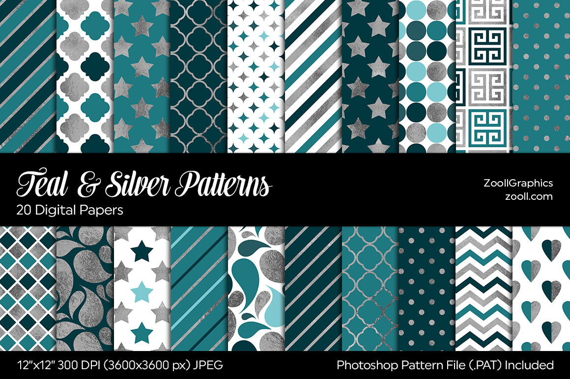 Teal & Silver Digital Papers, a Pattern Graphic by ZoollGraphics