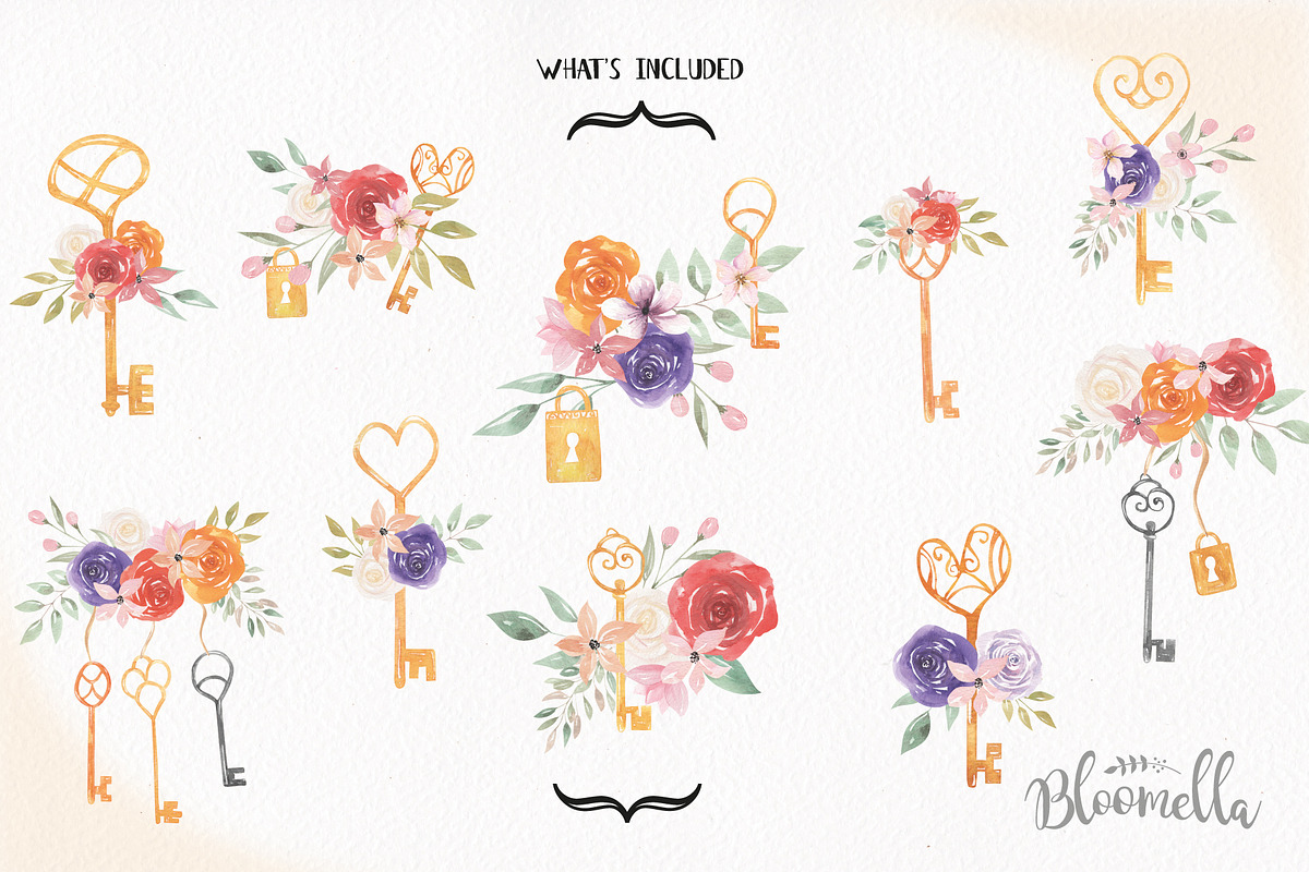Keys & Locks Watercolor Clipart Set, an Illustration by Bloomella