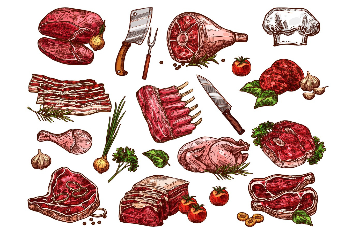 Vector sketch icons of fresh butchery meat | Food Illustrations ...