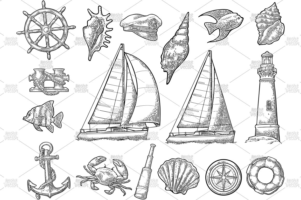 Set sea adventure engraving, an Illustration by MoreVector
