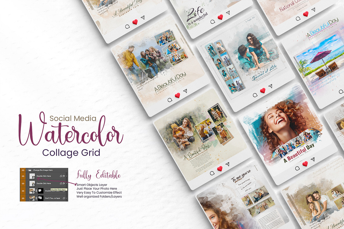 Watercolor Photo Effect collage grid, a Social Media Template by ...