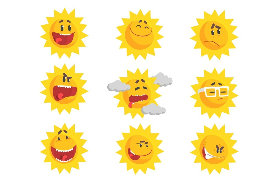 Cute cartoon sun emojis. Emotional face set of colorful characters ...