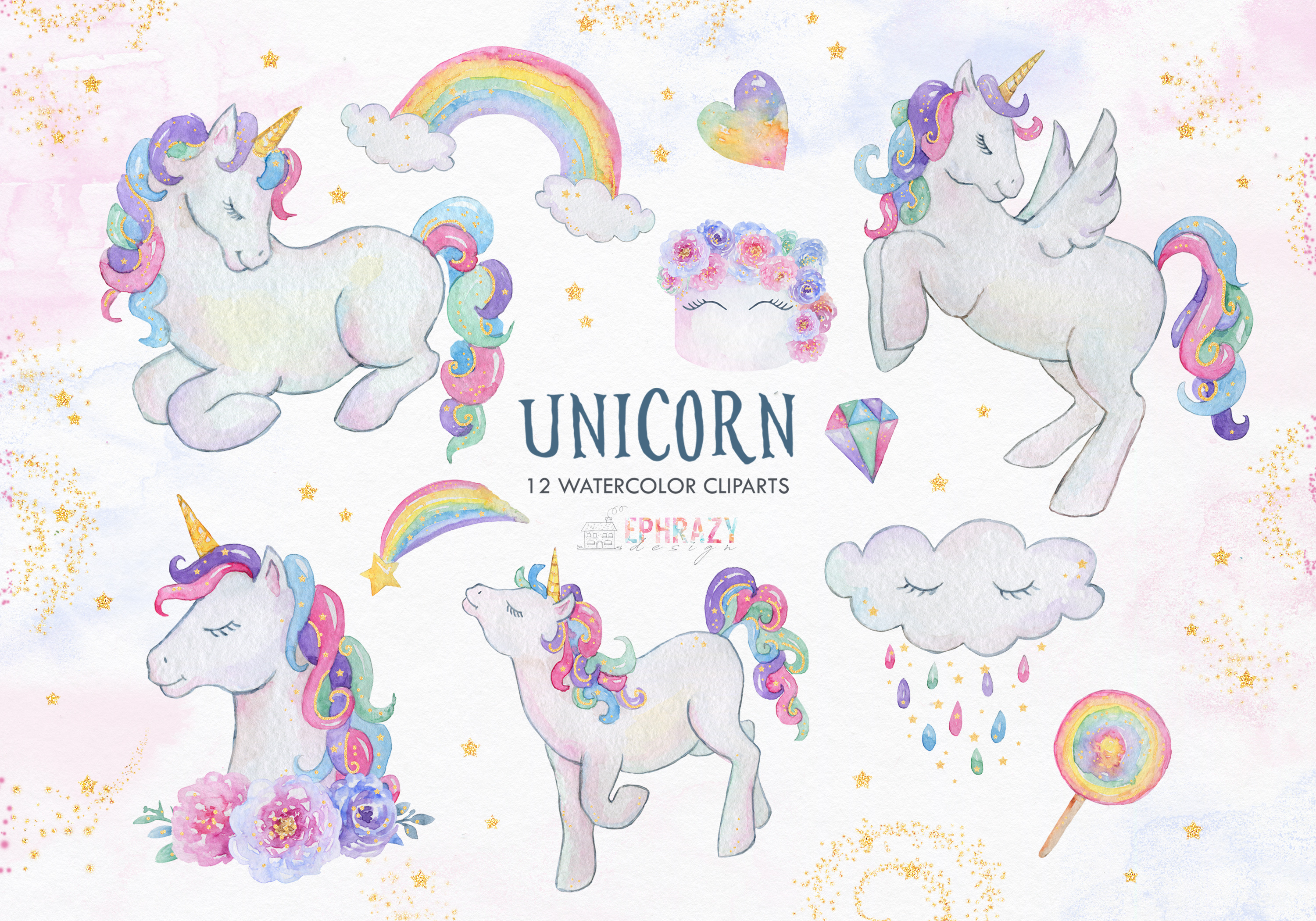Unicorn clipart. Watercolor, an Illustration by EphrazyGraphics