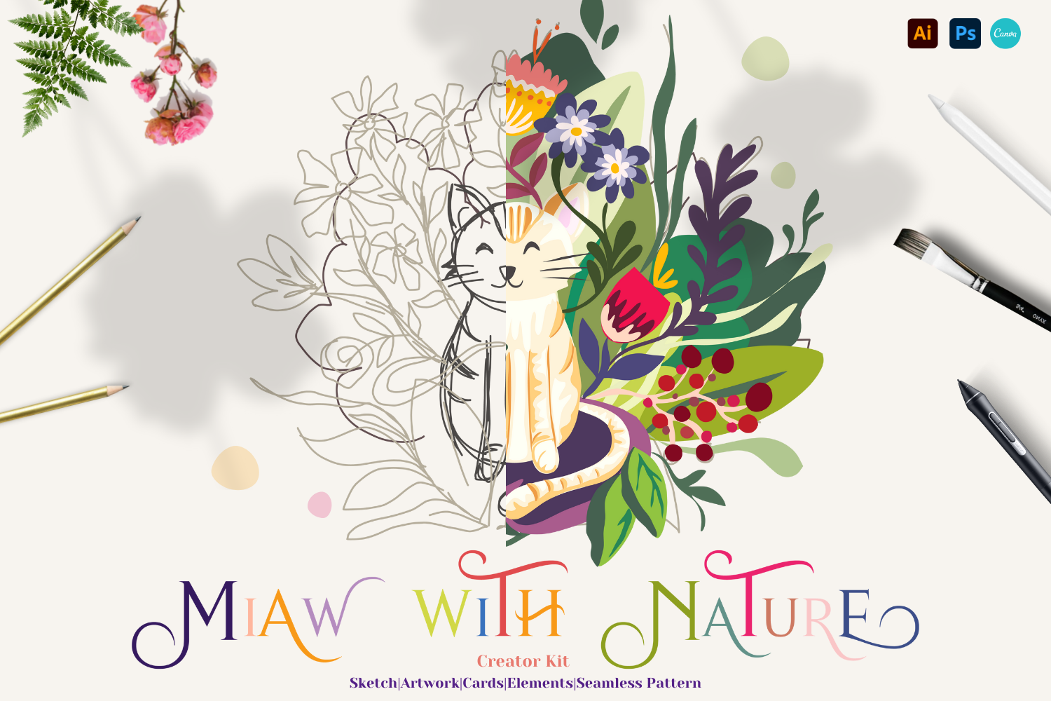 Miaw With Nature | Creator Kit, an Illustration by ArtstudioByKhushbu