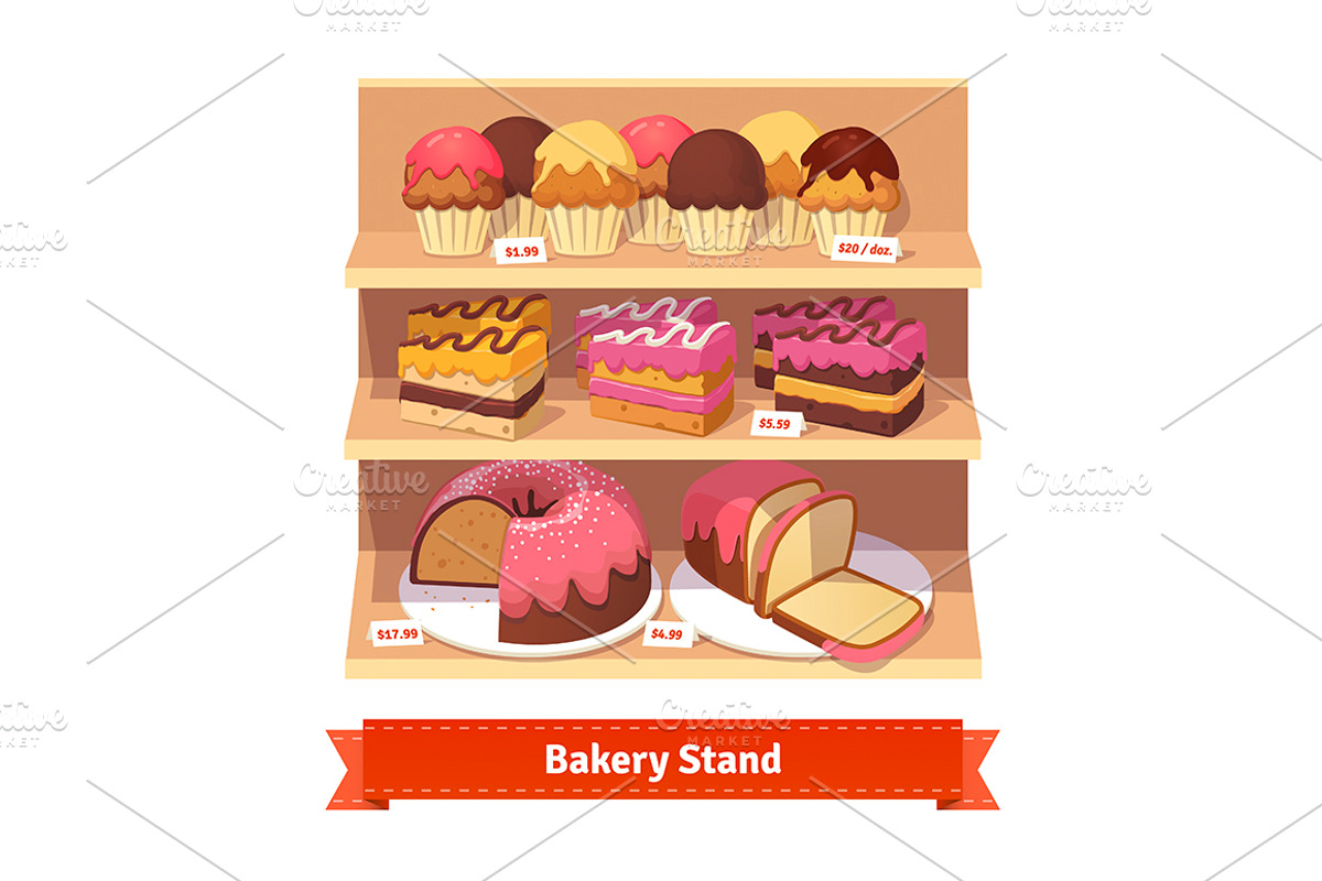 Bakery shop stand with desserts, a Food Illustration by Iconicbestiary