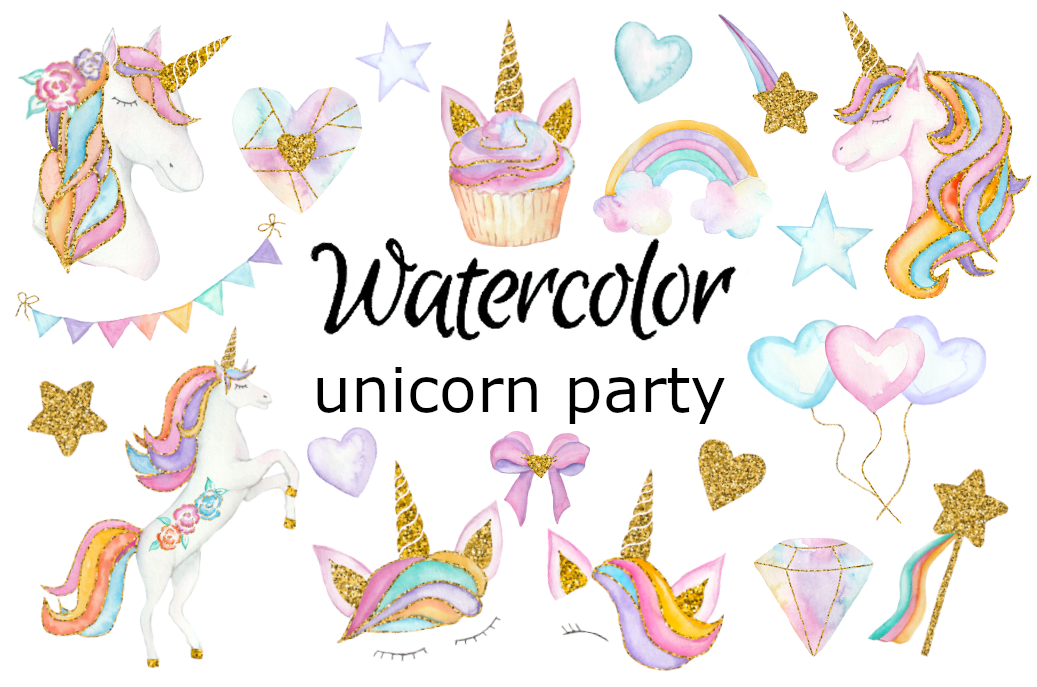 Unicorn party watercolor clipart, a Background Graphic by GoodFairyClipArt