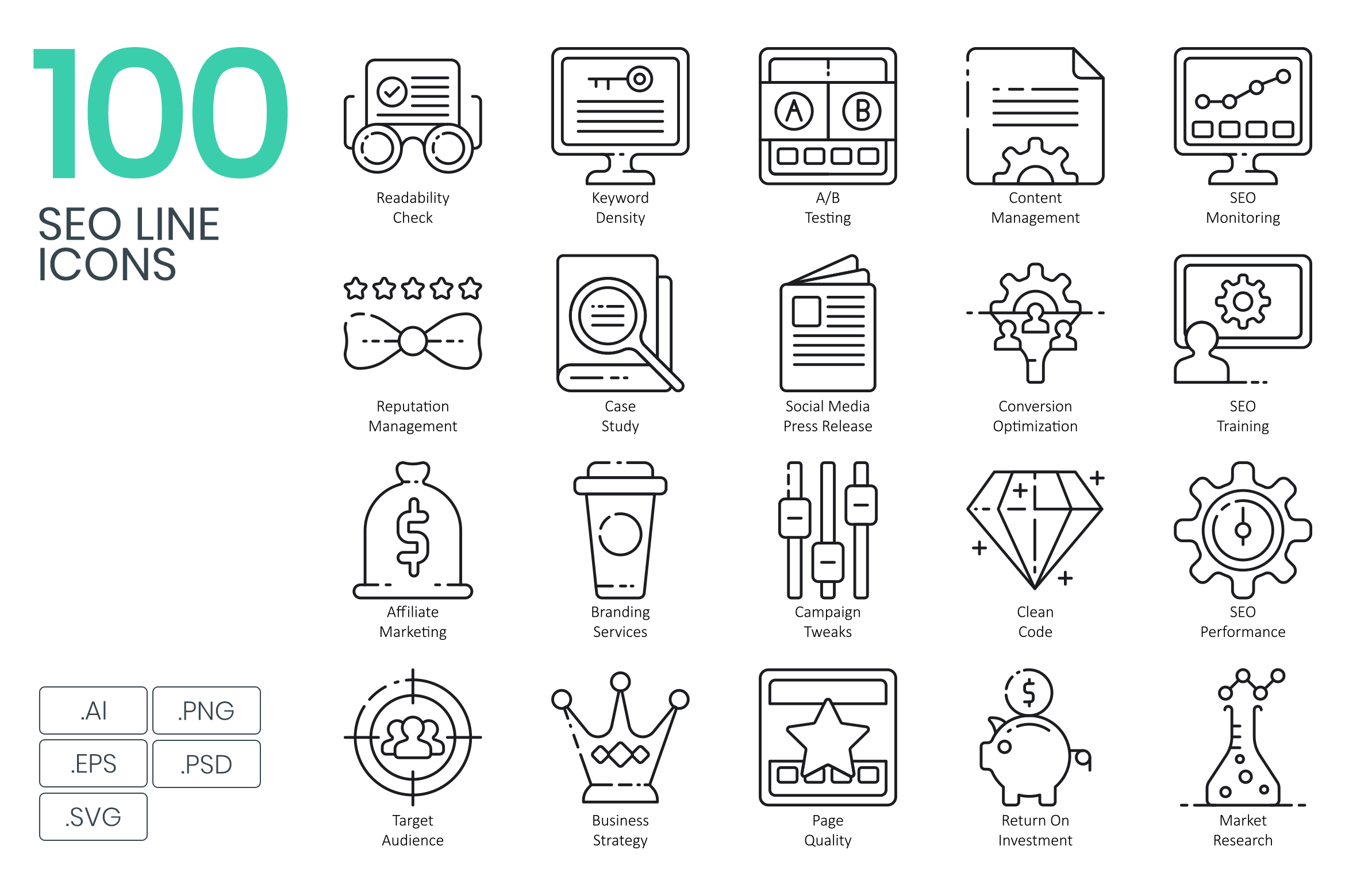100 SEO Web Line Icons, an Outline Icon by Flat Icons