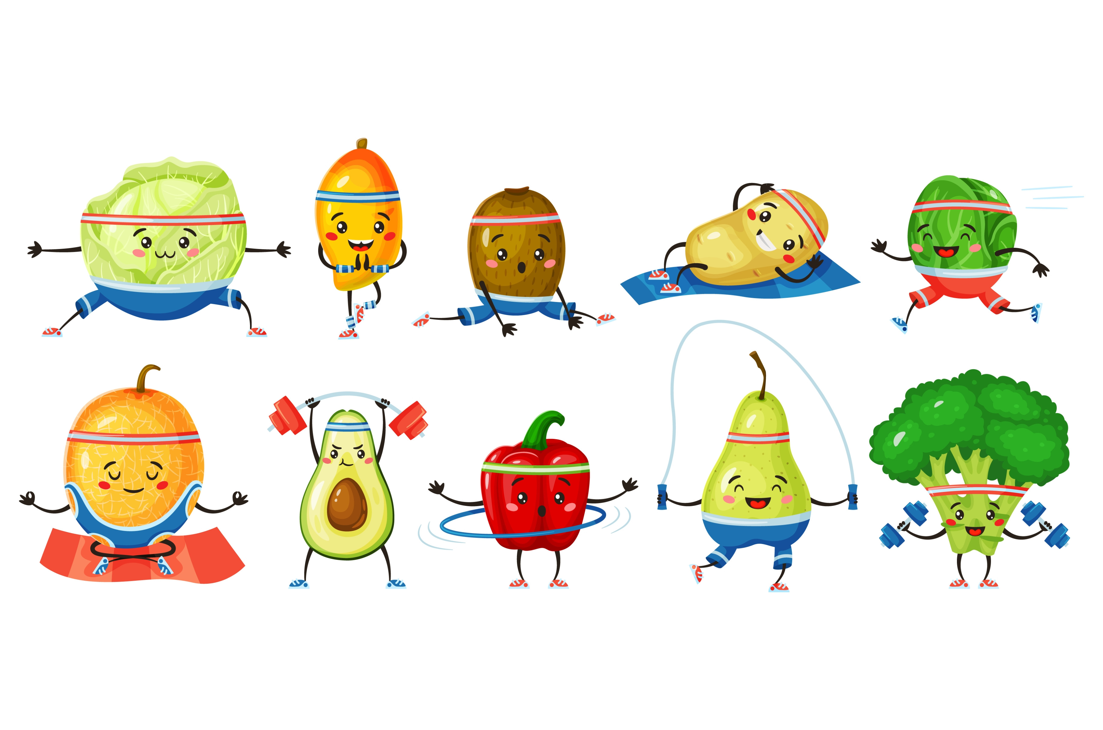 Fruits and vegetables exercising, a Food Illustration by Frogella