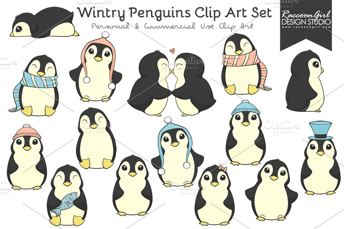Wintry Penguins Clip Art Set, a Work Illustration by RaccoonGirl Design