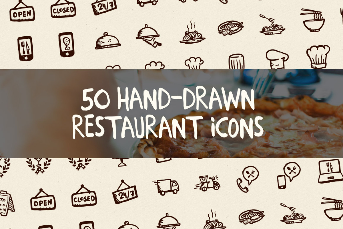 50 Hand-Drawn Restaurant Icons, an Icon by Hand-Drawn Goods