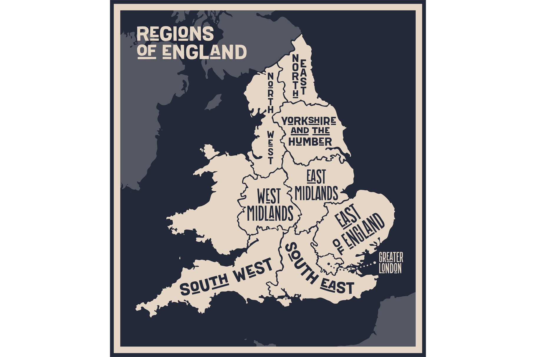 Poster map of regions of England, a Work Illustration by Foxys Graphic