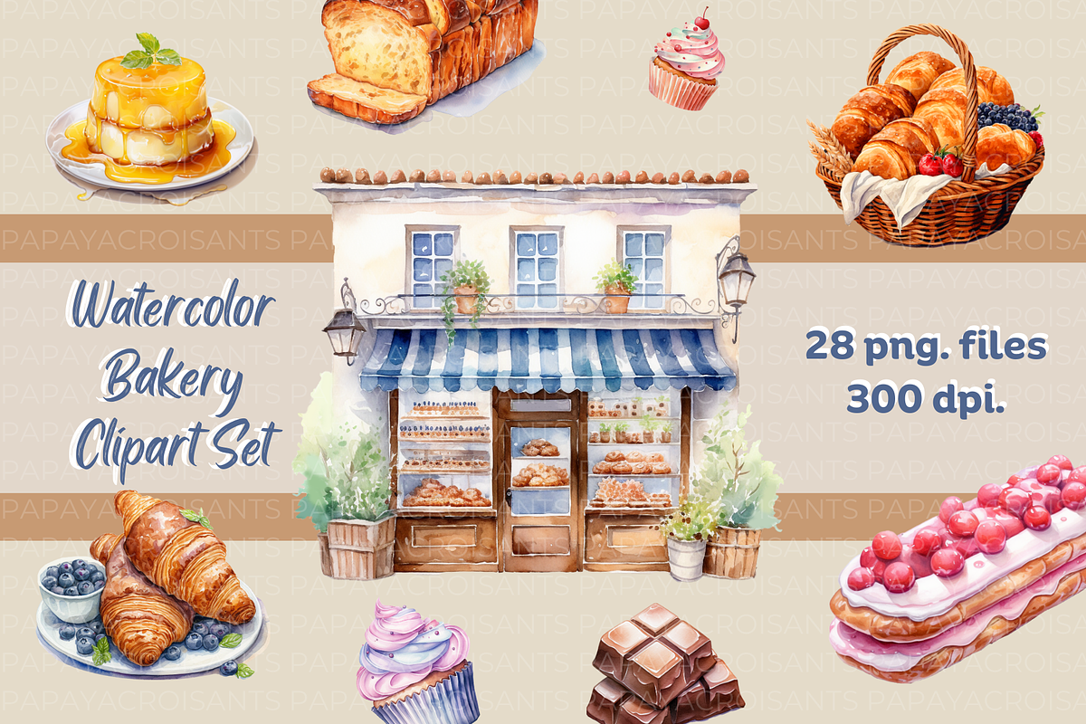 Watercolor Bakery Clipart Set, a Food Illustration by STUDIO CHOTI