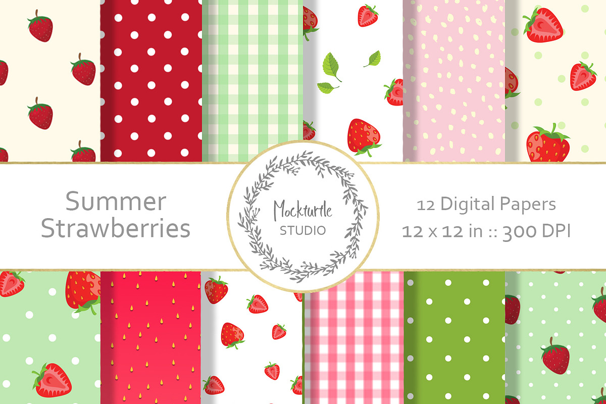 Strawberry digital paper, a Pattern Graphic by MockTurtleStudio