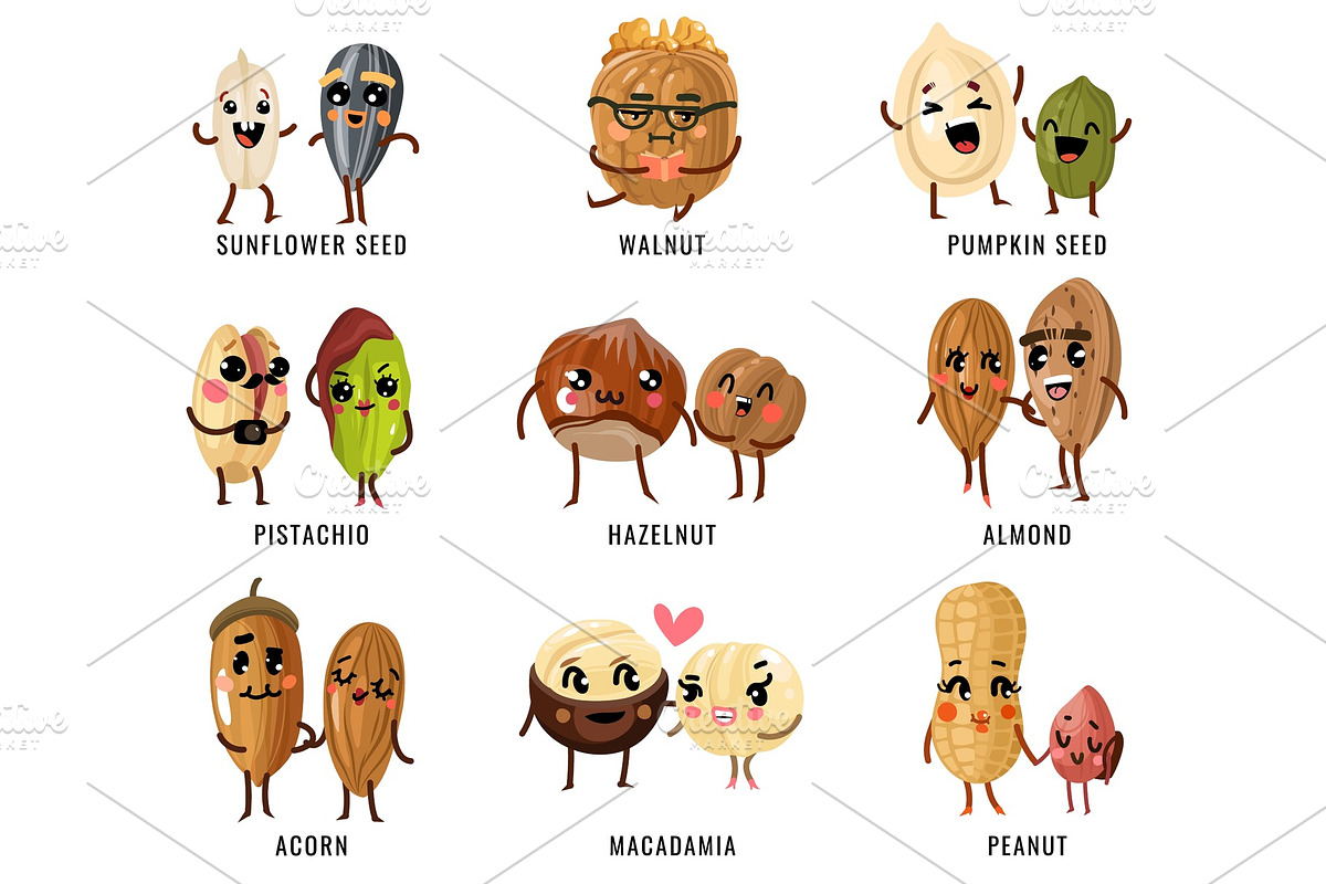 Cartoon nuts. Smiling funny, a Food Illustration by YummyBuum ...