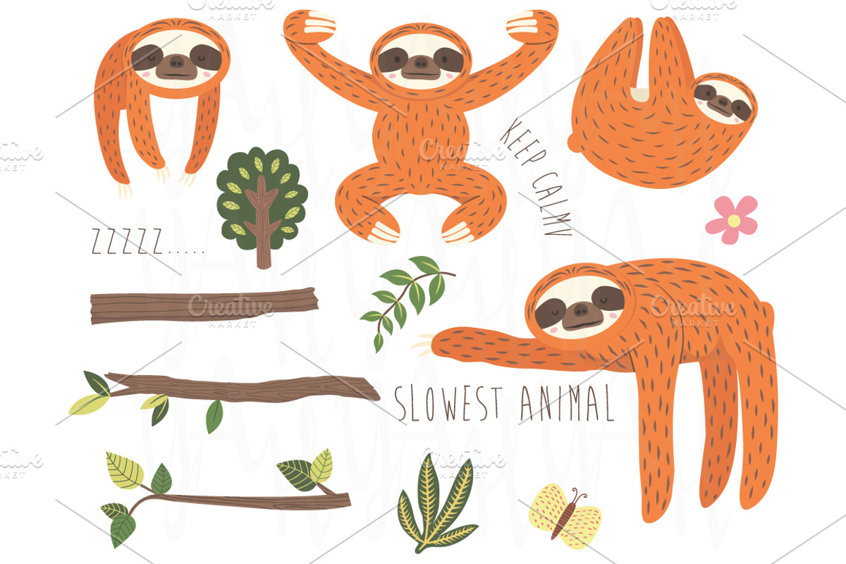 Cute Little Sloths Set, an Animal Illustration by YenzArtHaut