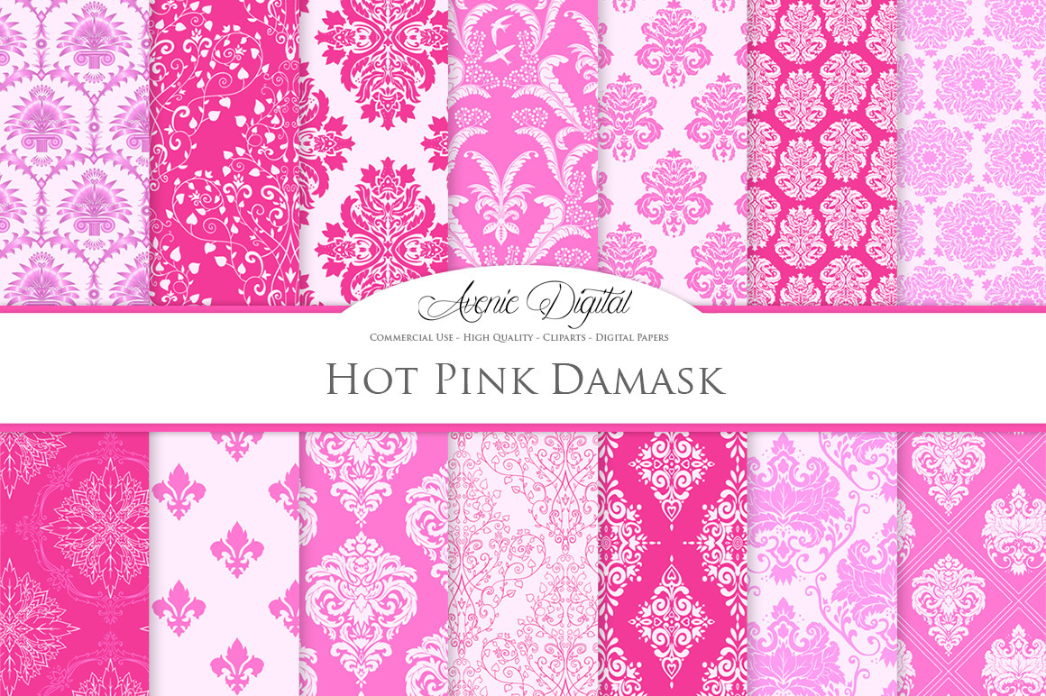28 Bright Pink Damask Digital Paper, a Pattern Graphic by Avenie Digital