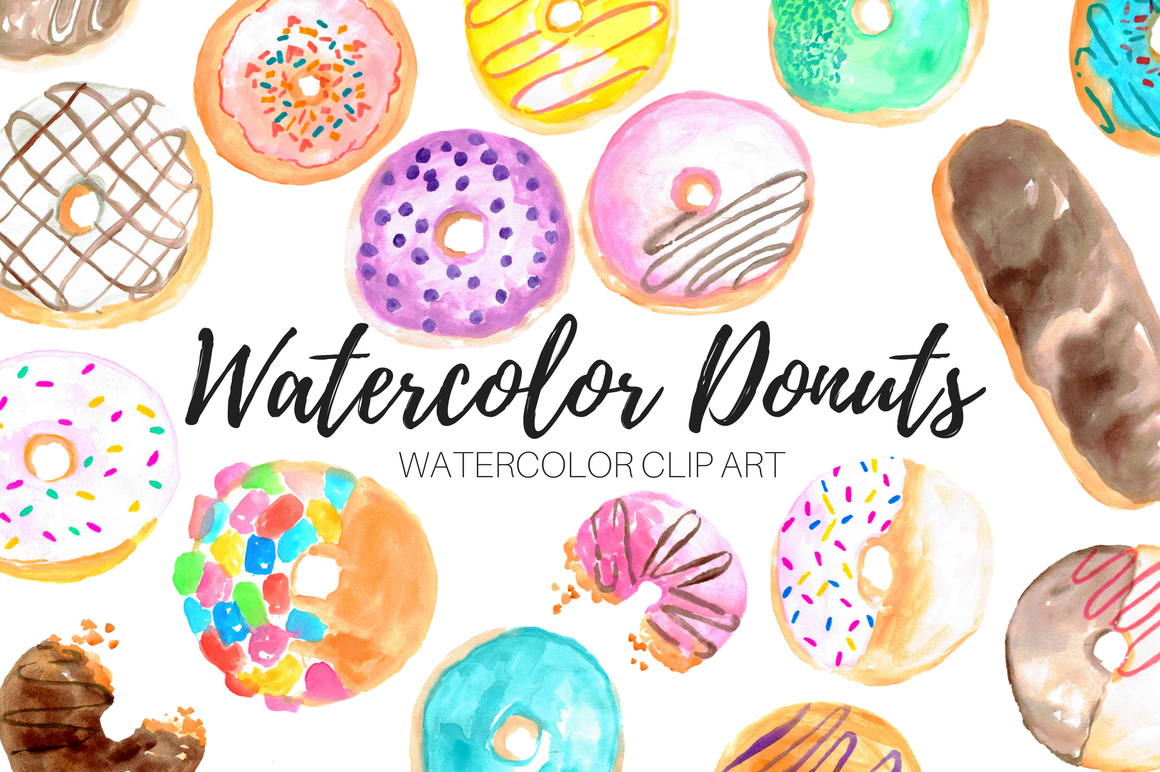 Watercolor Donuts Clip Art Set, a Food Illustration by Writelovely