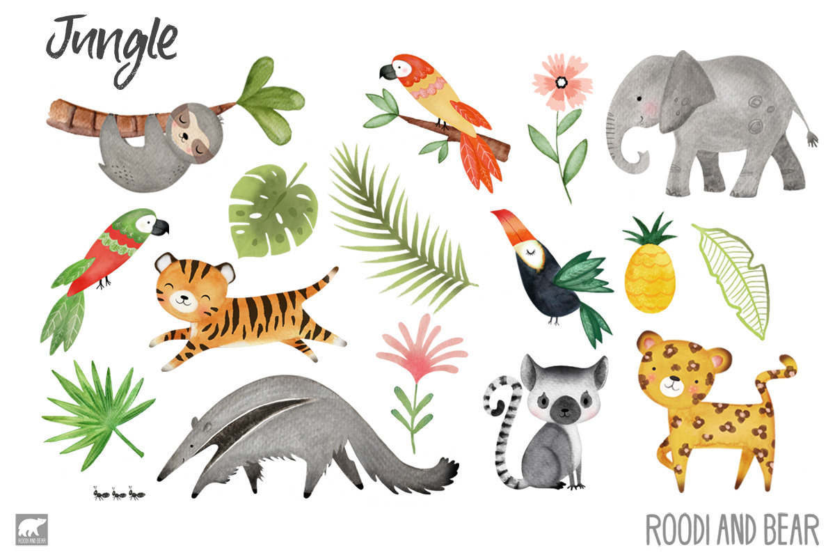 Watercolor Jungle Clip Art, an Animal Illustration by Roodi and Bear