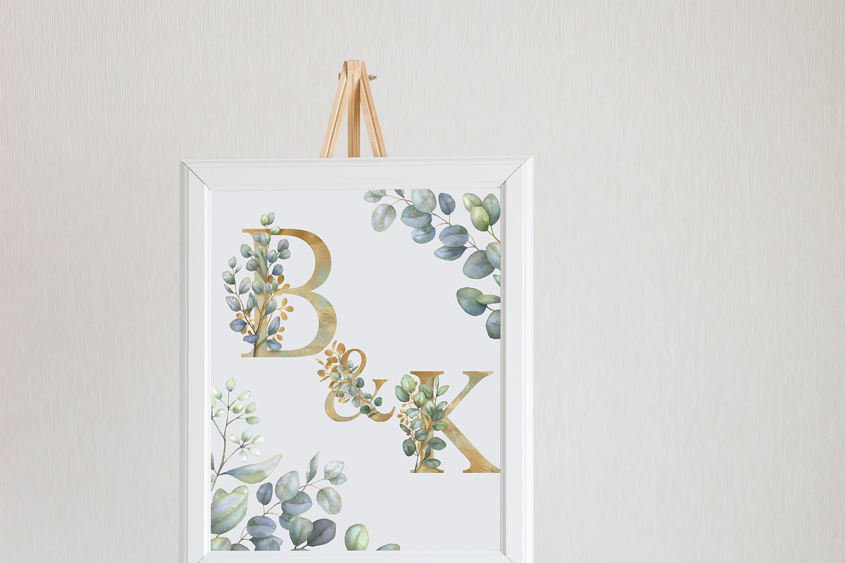 Gold Eucalyptus monogram letters, an Illustration by WonderWonder