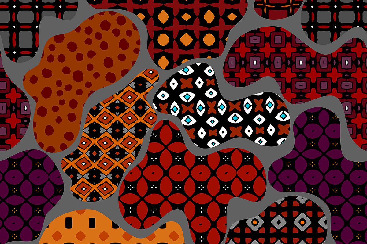 Abstract patchwork tribal patterns.