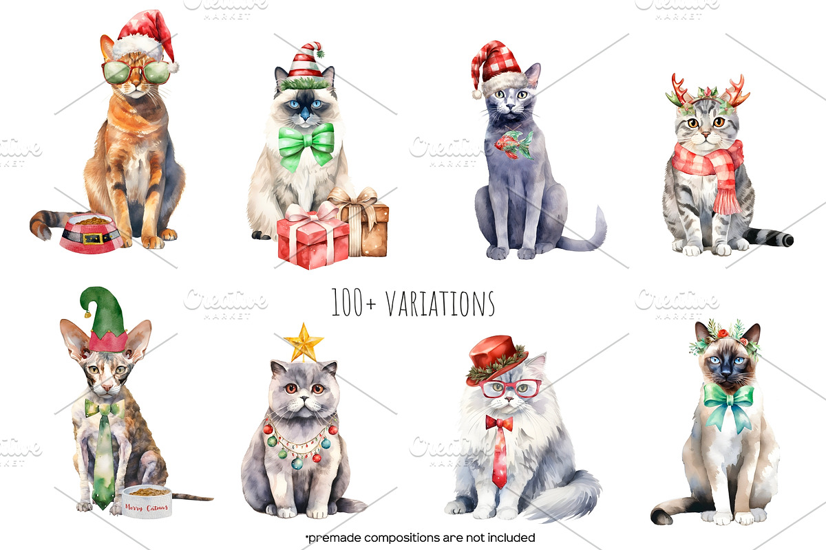 Watercolor Christmas cat clipart, an Animal Illustration by Art and Funny