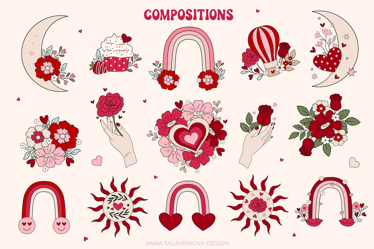 Retro Groovy Valentines Day clipart, an Illustration by Cozy pattern shop