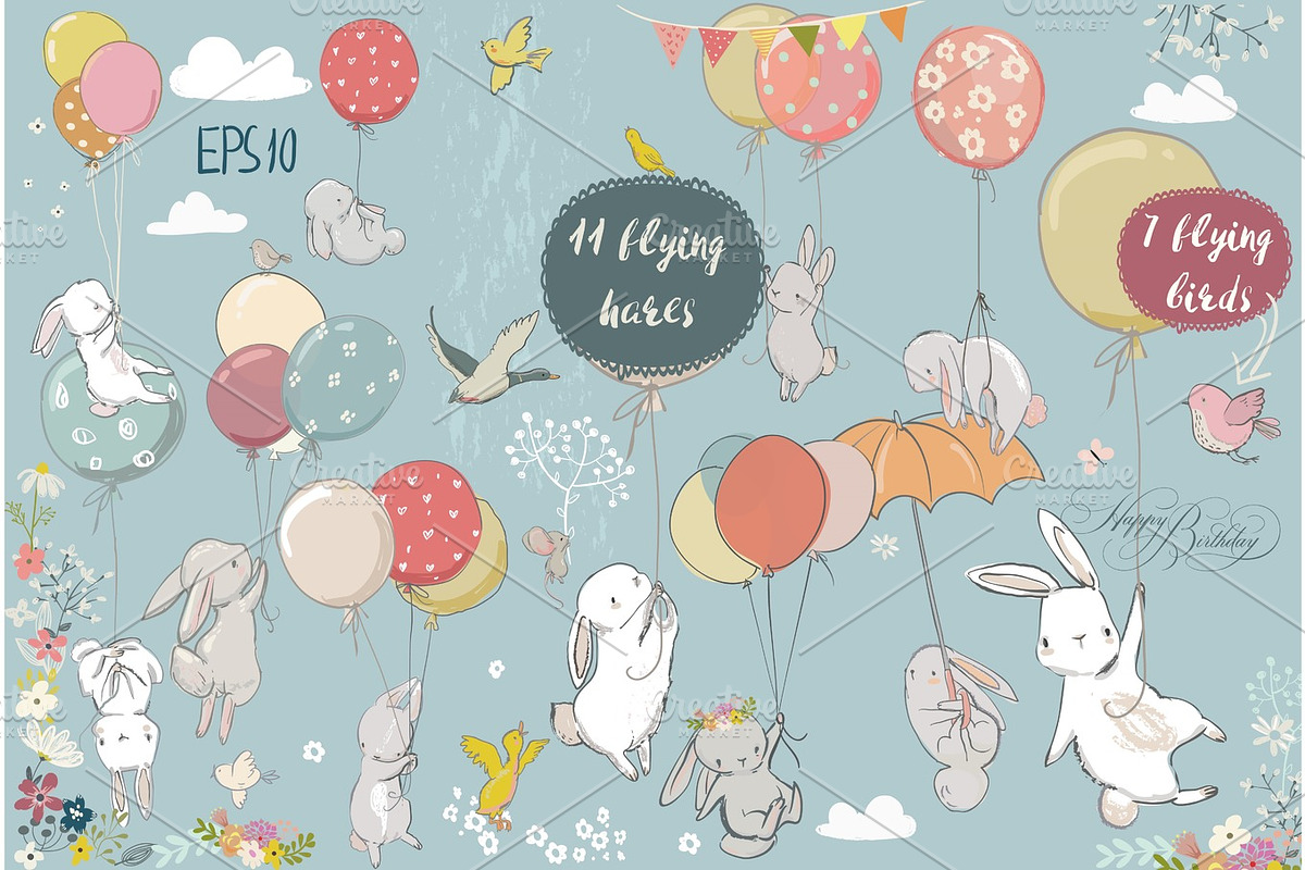 Flying hares, an Animal Illustration by Eve Farb