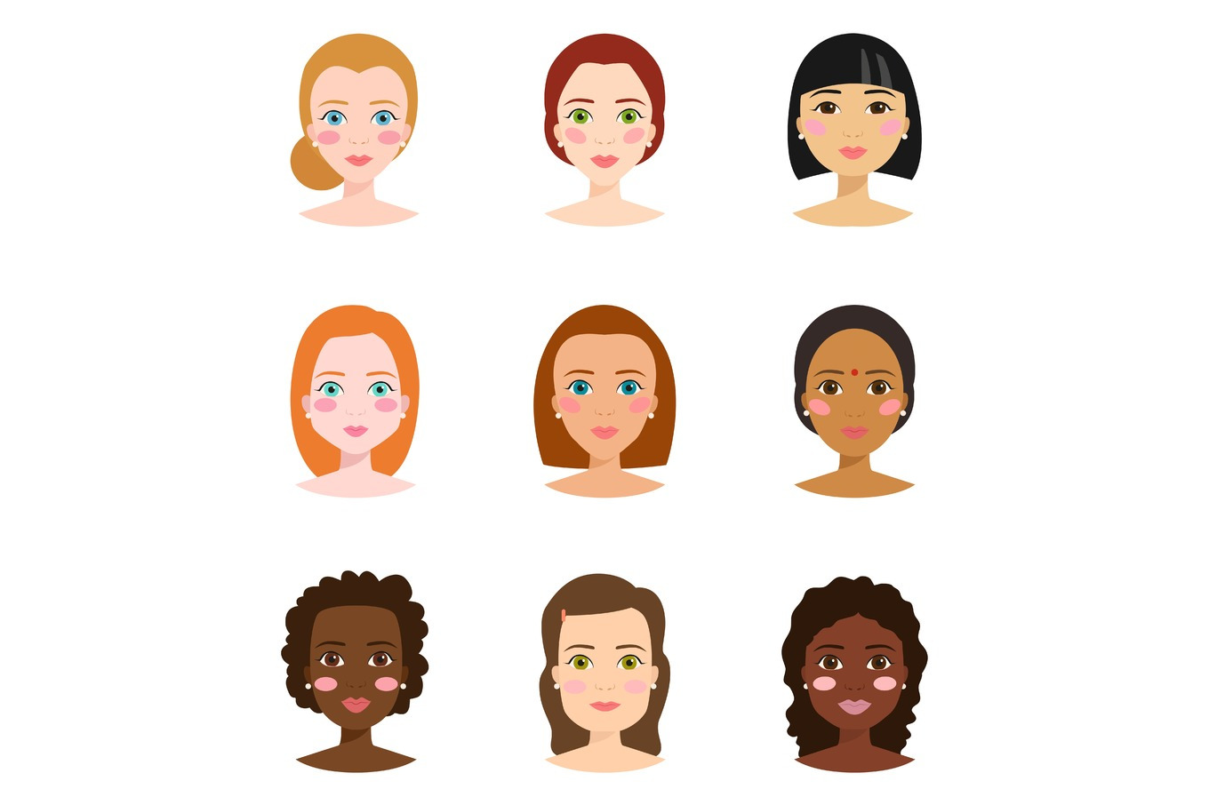 Set of different woman face types vector illustration character shapes ...