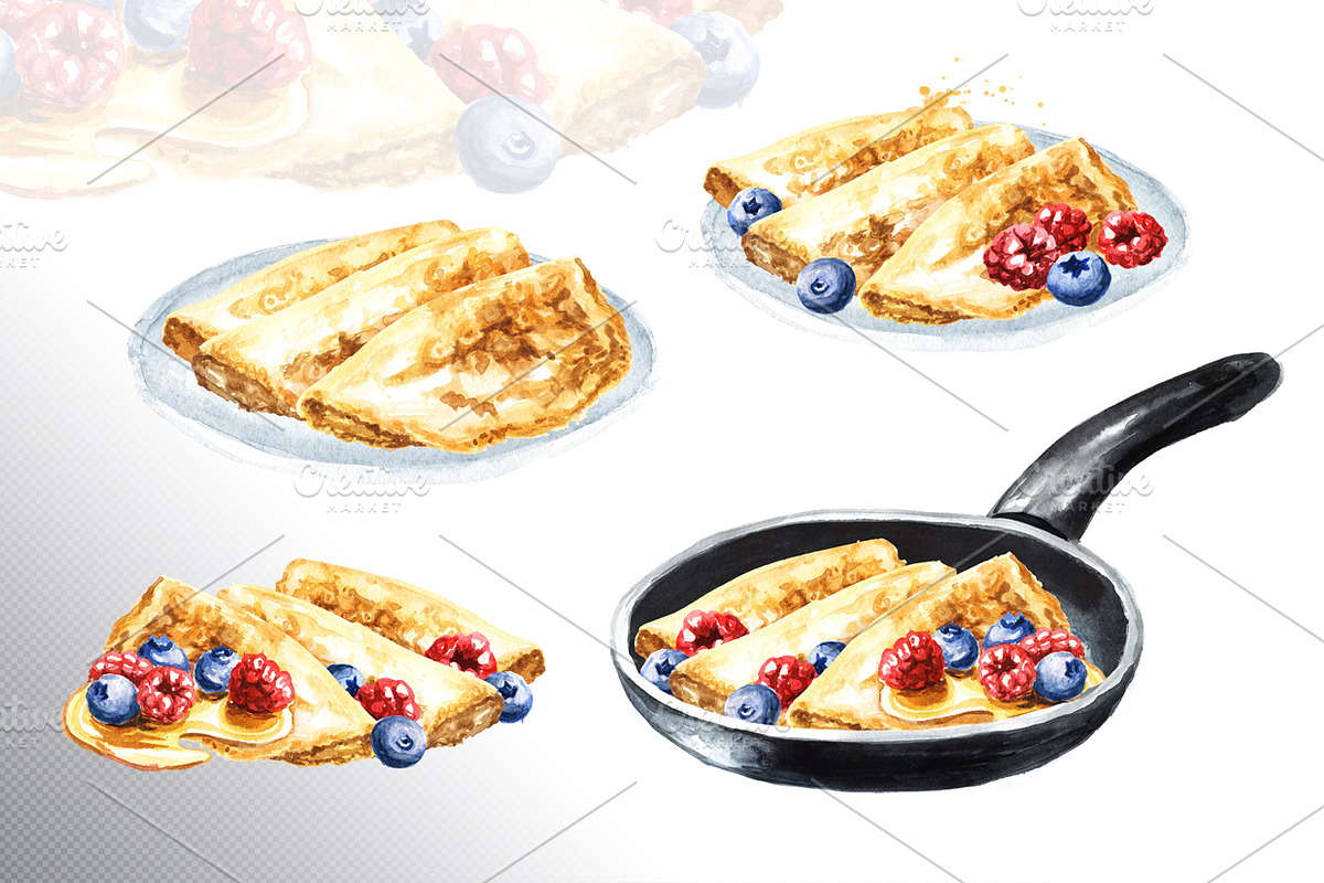 Pancakes. Watercolor collection, a Food Illustration by Daria Ustiugova