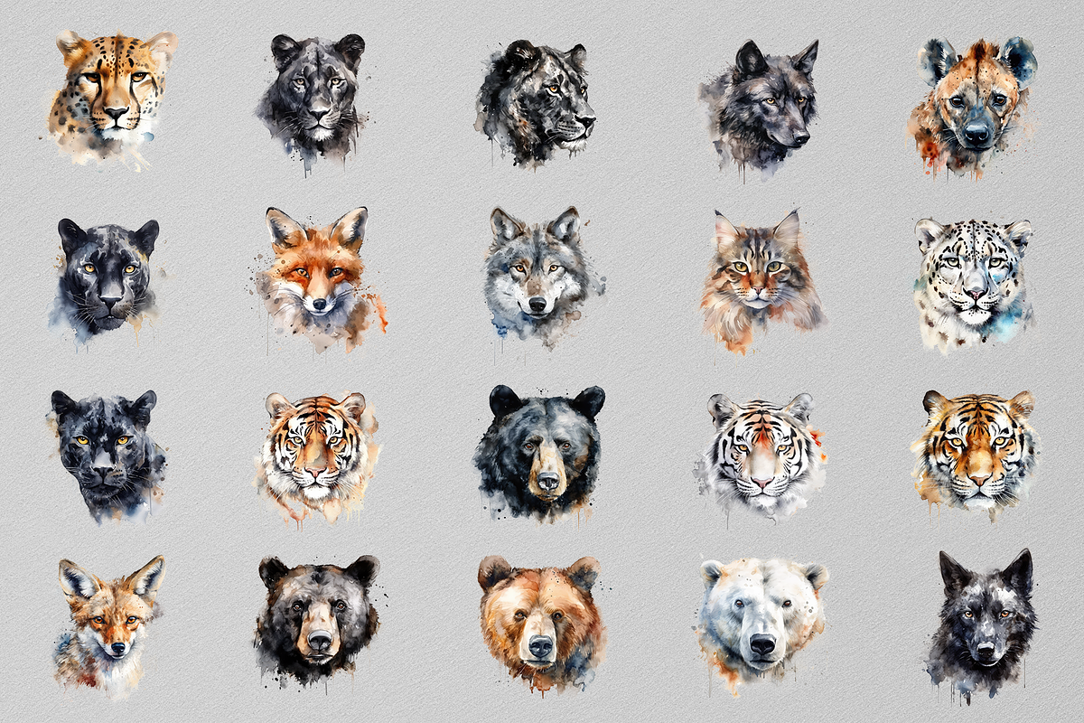 100 Watercolor Animal Portraits, an Animal Illustration by Graphicdome