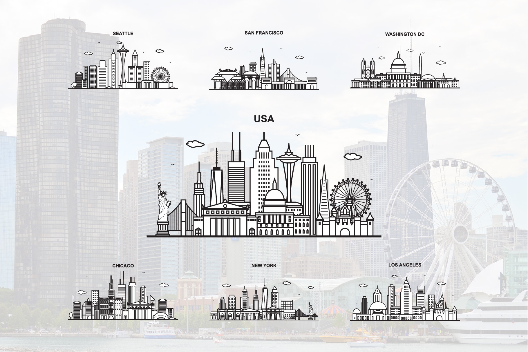 7 City in USA Cityscape Skyline Set, a Work Illustration by jongcreative