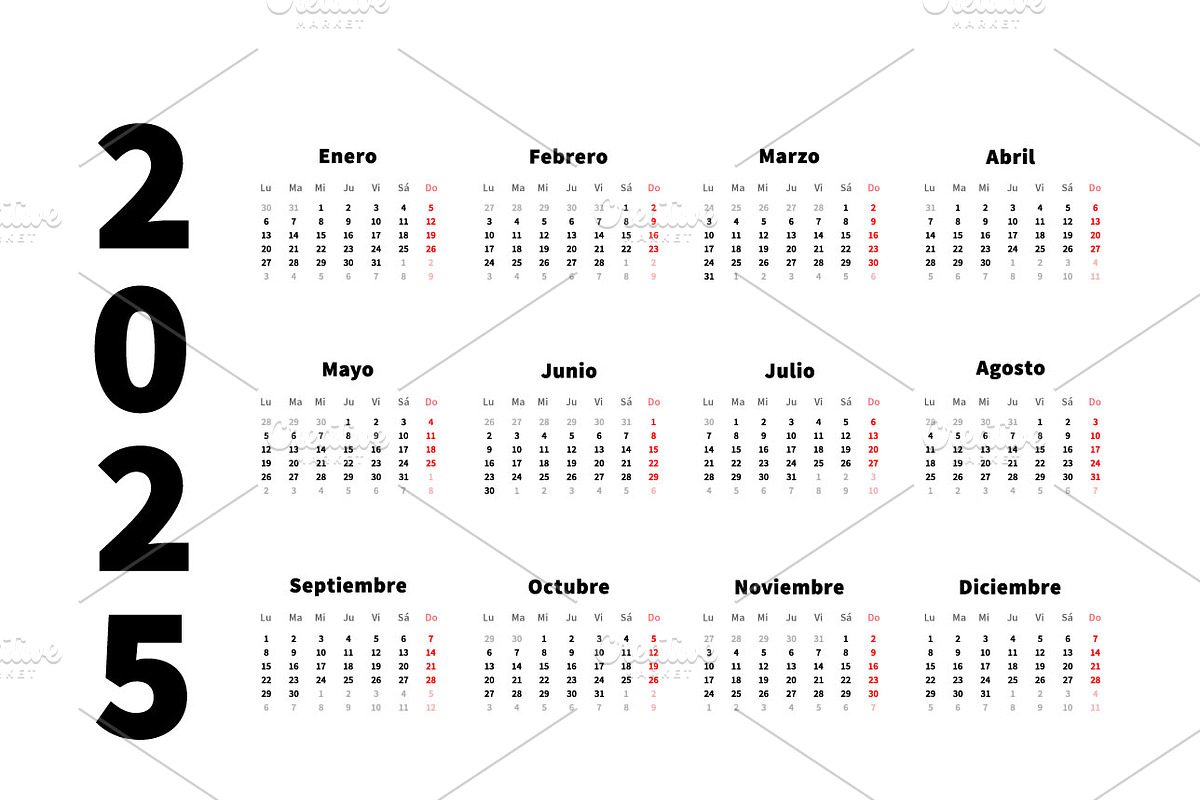 2025 year simple calendar in spanish, a Work Illustration by BestPics ...