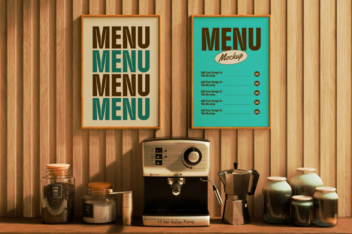 Board Menu At Cafe Interior Mockup, a Product Mockup by graphicook
