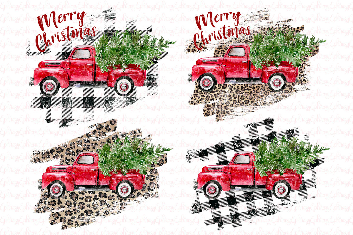 Christmas red truck clipart set, an Illustration by EphrazyGraphics
