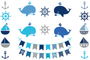 Boy nautical clipart set with whales, an Illustration by Pravokrugulnik