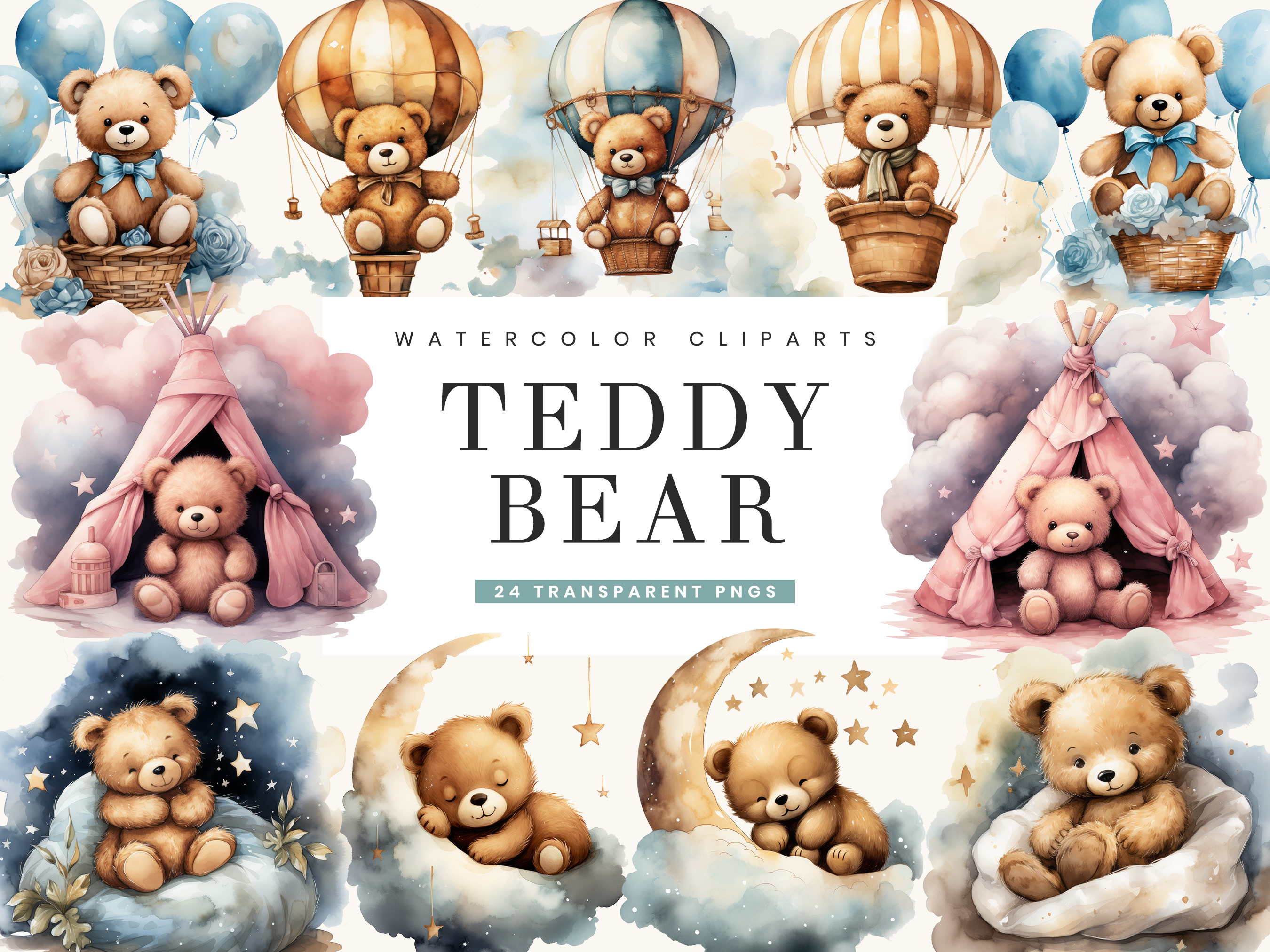 Watercolor Cute Teddy Bear Clipart, an Object Illustration by BusyDaydesign