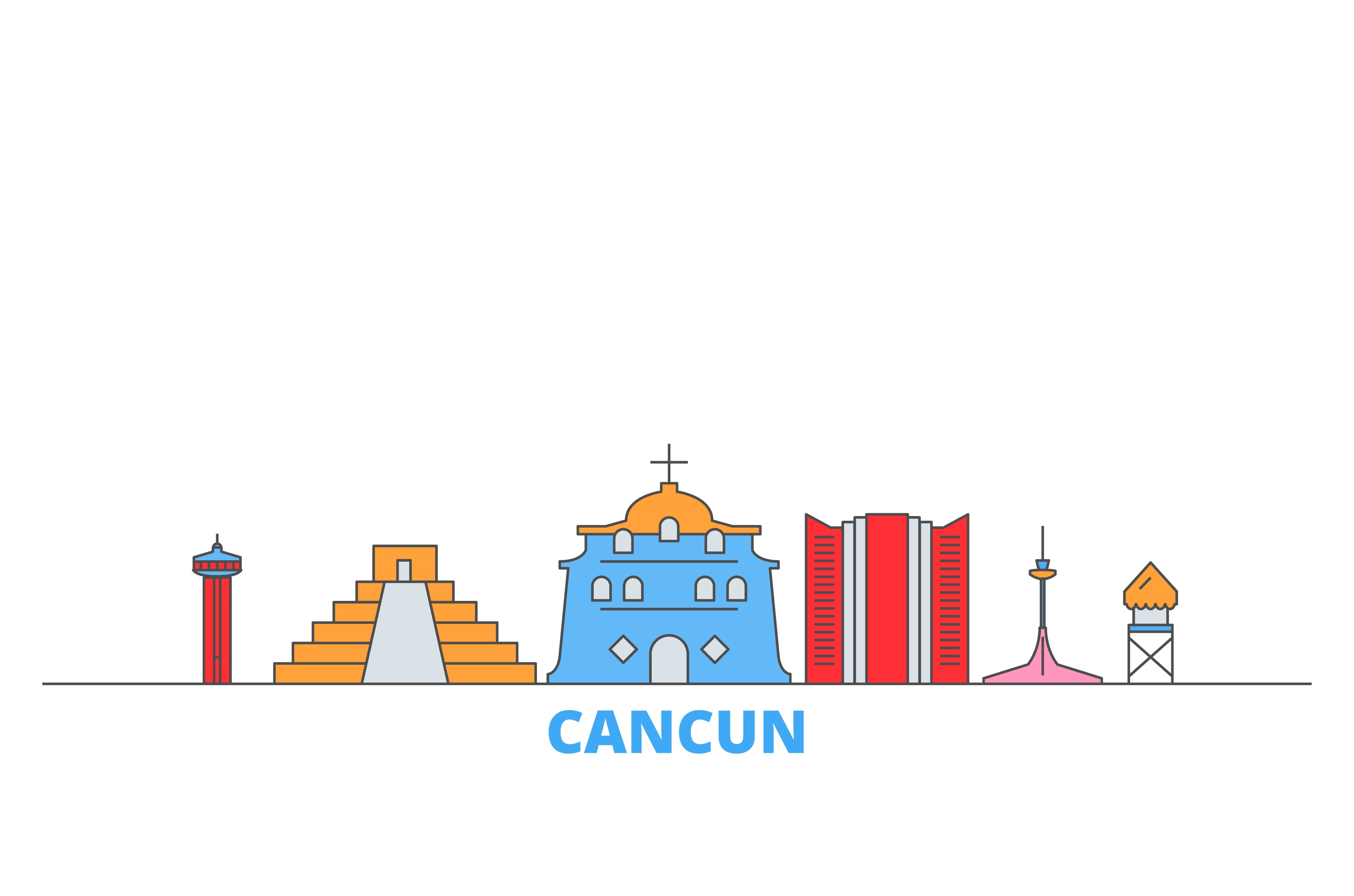 Mexico, Cancun line cityscape, flat, an Illustration by urban icon