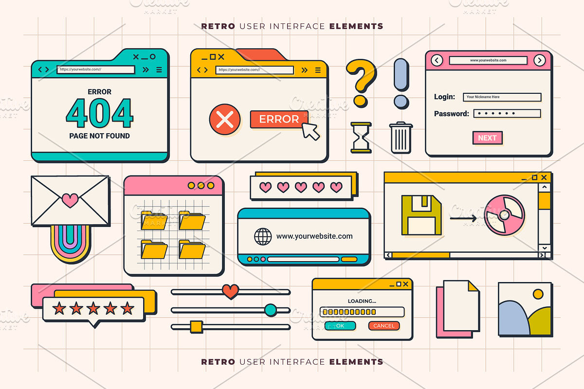 Huge Set of 135+ Retro Elements | Creative Market